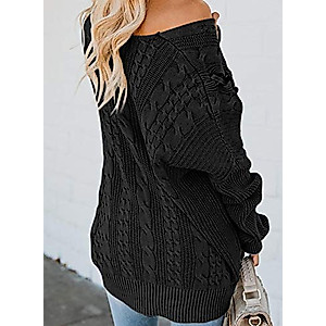 EVALESS Womens Sweater 2023 Fashion Trendy Fall Oversized Off Shoulder Cable Knit V Neck Knit Chunky Plus Size Sweater Long Sleeve Crewneck Winter Loose Tops Clothes,Black XL