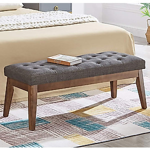 24KF Linen Upholstered Buttons Tufted Entryway Bench with Solid Wood Leg,Bed Bench Ottoman with Padded Seat,5034-Dark Gray
