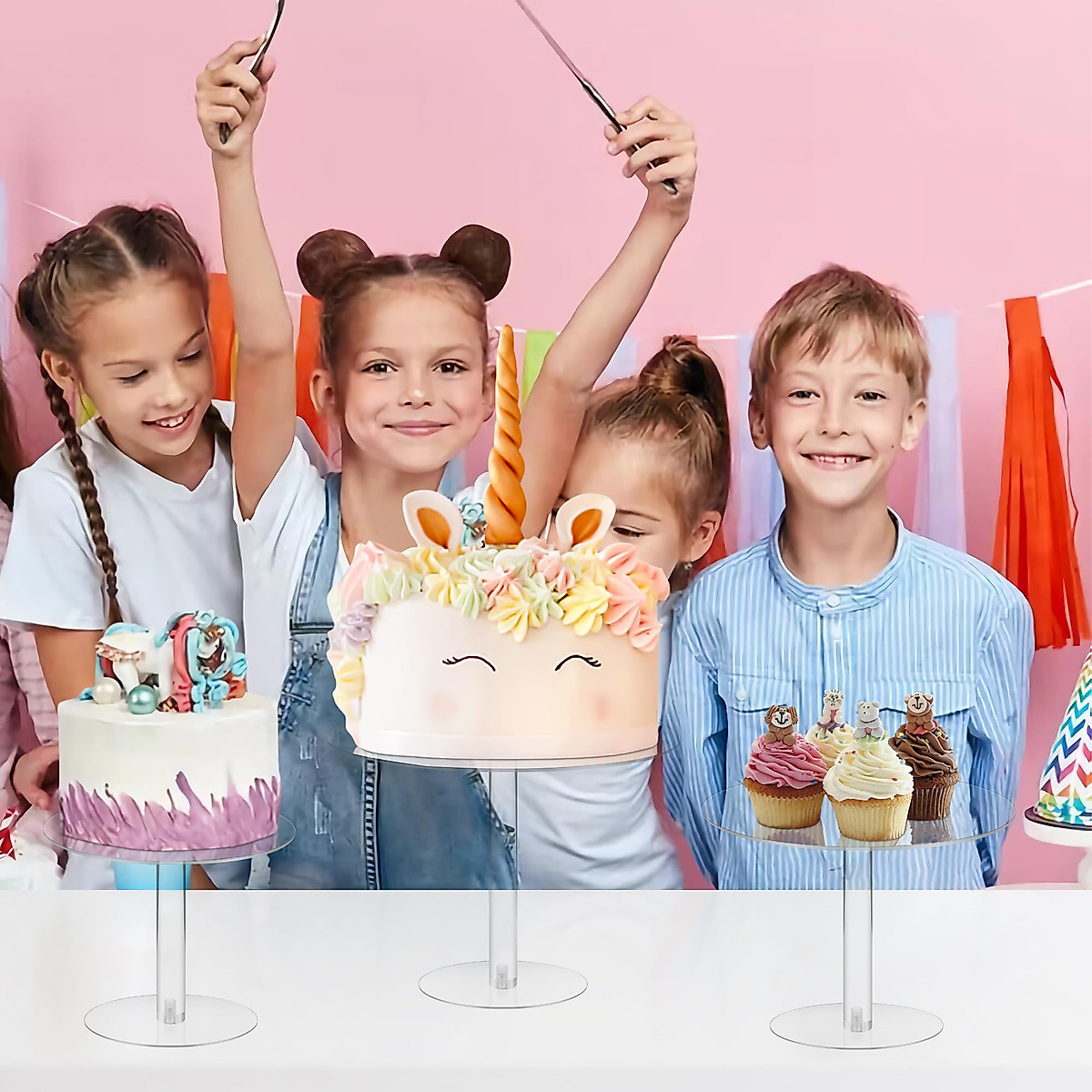 Acrylic Cake Stand, 3PCS Round Cake Stands for Dessert Table, Clear Cupcake Holder for Birthday Party, Pastry Candy Pizza Display Riser for Wedding Event