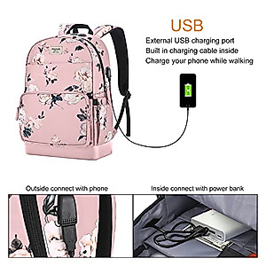 MOSISO 15.6-16 inch Laptop Backpack for Women, Polyester Anti-Theft Stylish Casual Daypack Bag with Luggage Strap & USB Charging Port, Camellia Travel Backpack, Pink