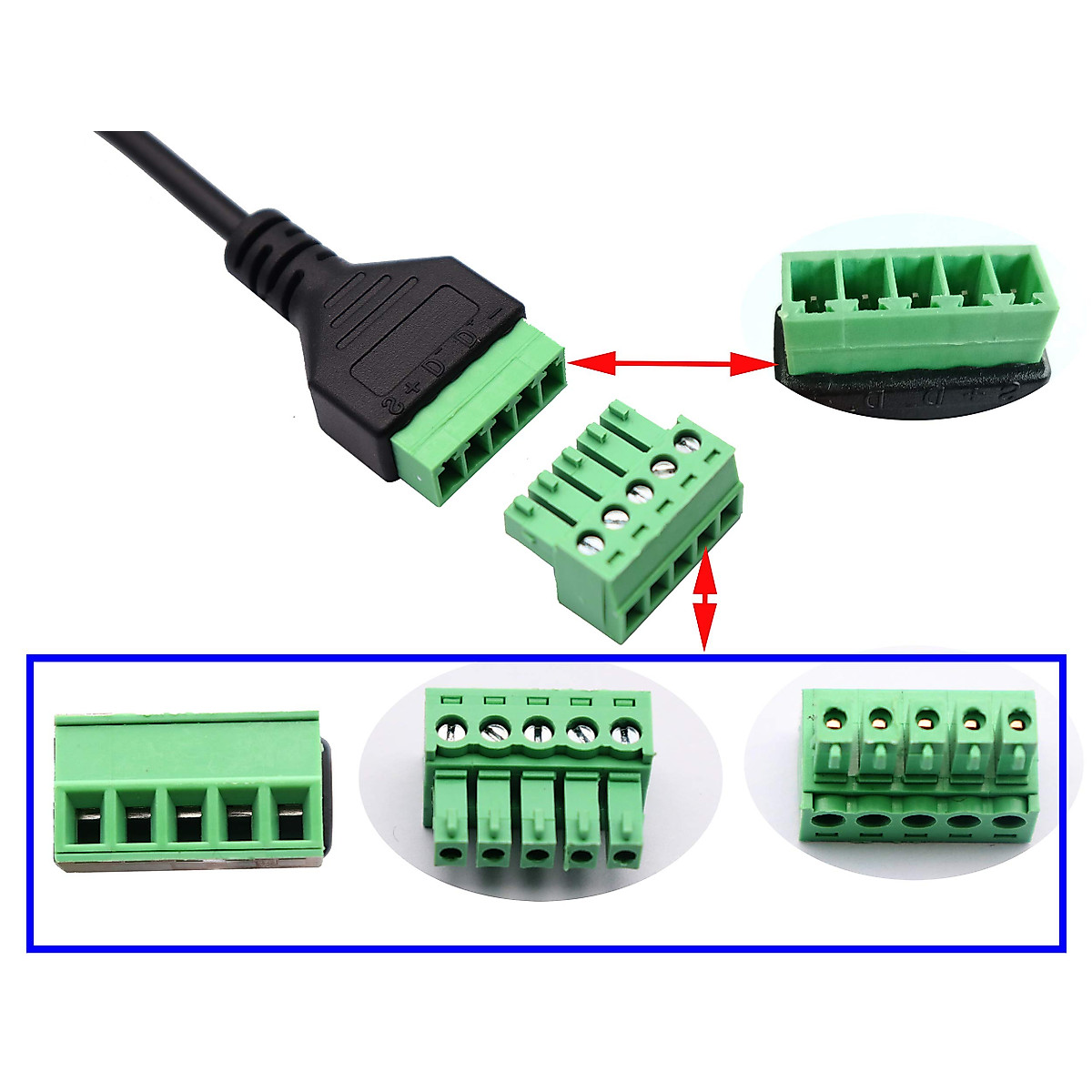 zdyCGTime USB 2.0 A Screw Terminal Block Connector Cable USB 2.0 A Male Plug to 5 Pin/Way Female Bolt Screw with Shield terminals Pluggable Type Adapter Connector Converter Cable（30CM/2Packs(Male)