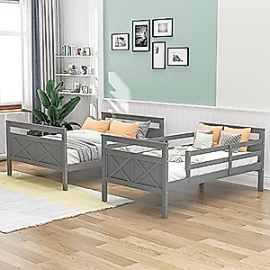 Ochangqi Twin Over Full Bunk Bed Frame with Ladder, Solid Wood Bunk Beds Loft Bed Frame Twin Over Full Size with Guardrail, Can Be Separated Into Twin/Full Size Bed, No Box Spring Needed (Gray)