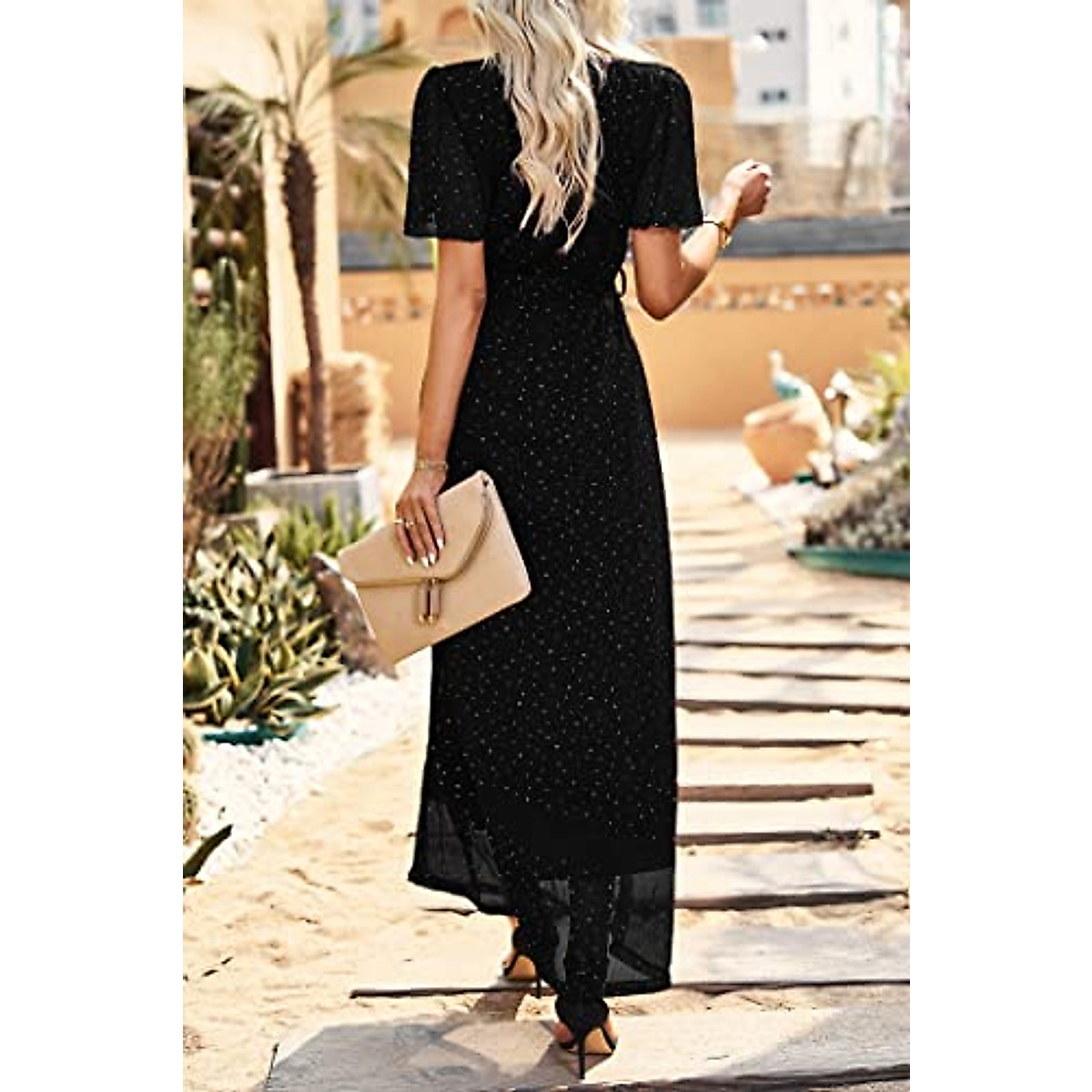 PRETTYGARDEN Women's Summer Maxi Glitter Dress Wrap V Neck Ruffle Sleeve Cocktail Party Long Dresses with Slit (Black,Small)