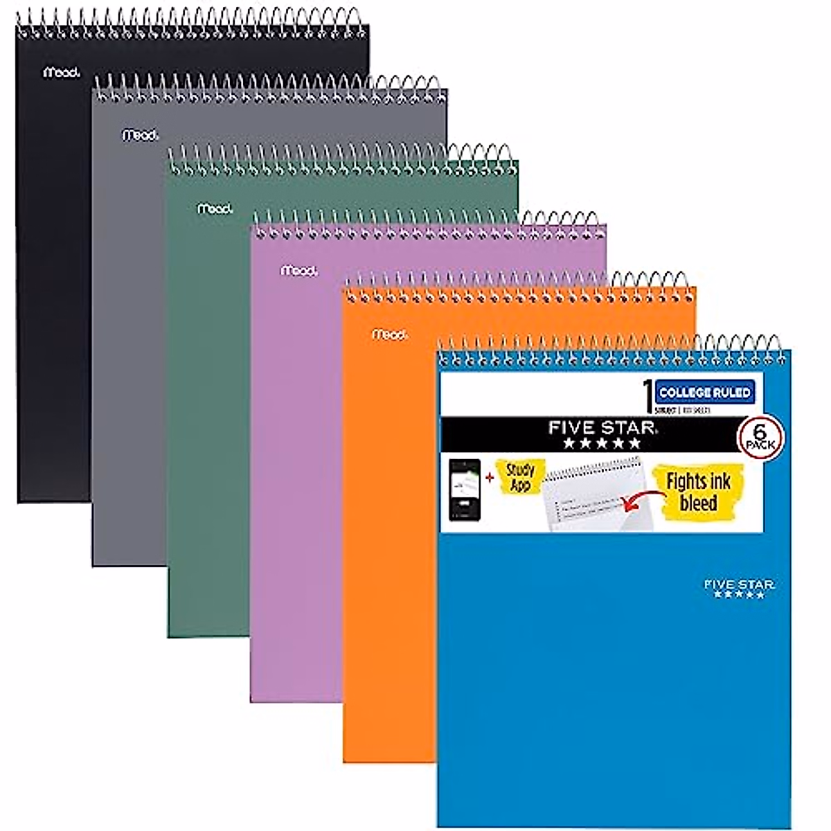 Five Star Top Bound Notebooks, 6 Pack, 1-Subject, College Ruled Paper, Fights Ink Bleed, Water Resistant Cover, 11" x 8-1/2", 100 Sheets, Assorted Colors (73525)