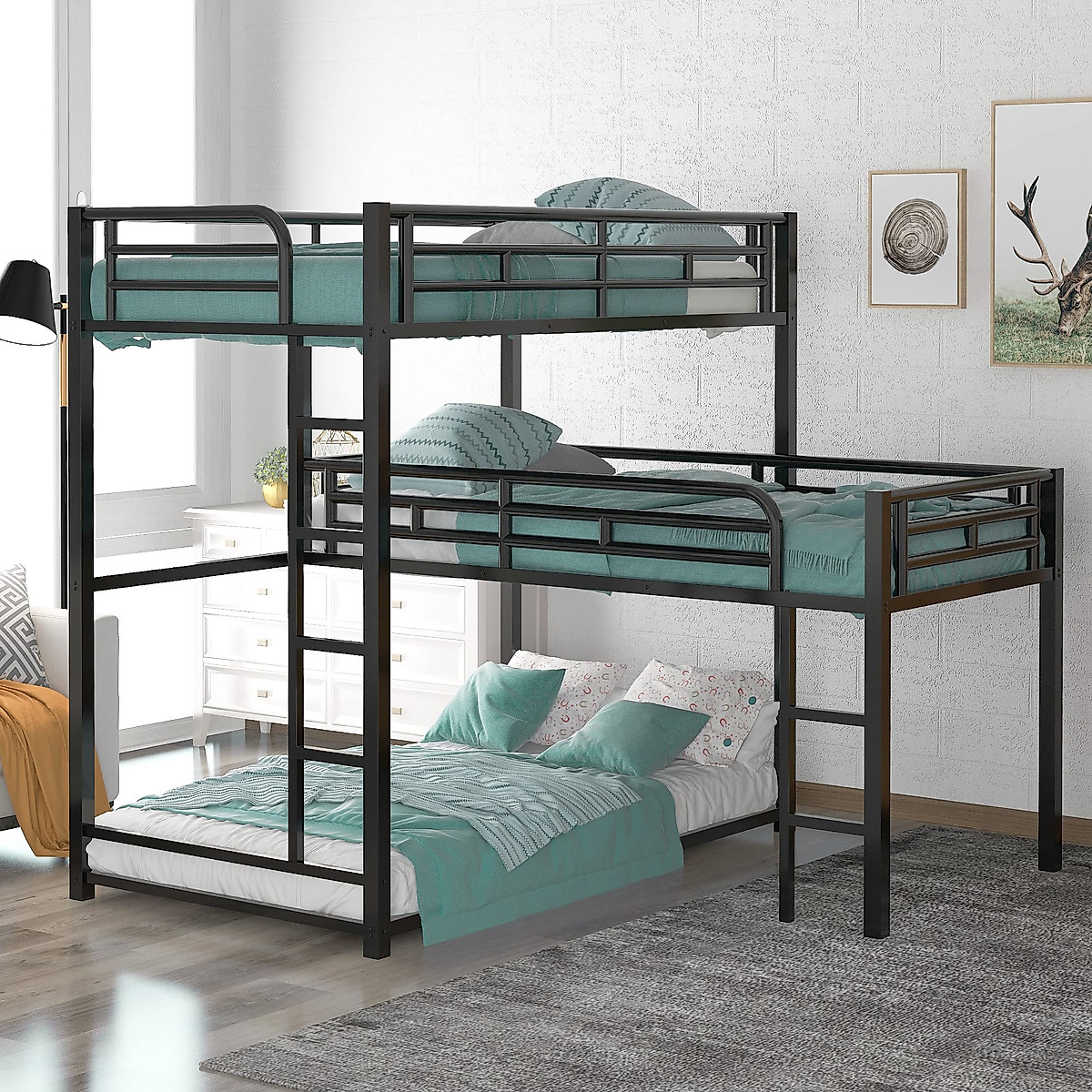 CKLMMC Metal Triple Bunk Bed,Twin Size L-Shaped Bunk Bed,Metal 3 Bed Bunk Beds Frame Attached Twin Loft Bed with Ladder and Full-Length Guardrails for Boys Girls Teens