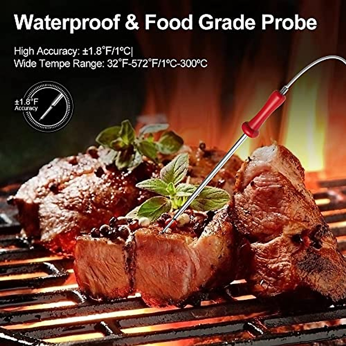Cloud bbq Wireless Meat Thermometer of 500FT, Bluetooth Meat Thermometer for Smoker Oven, Grill Thermometer with Four Probes, Smart Rechargeable BBQ Thermometer for Cooking Turkey Fish Beef