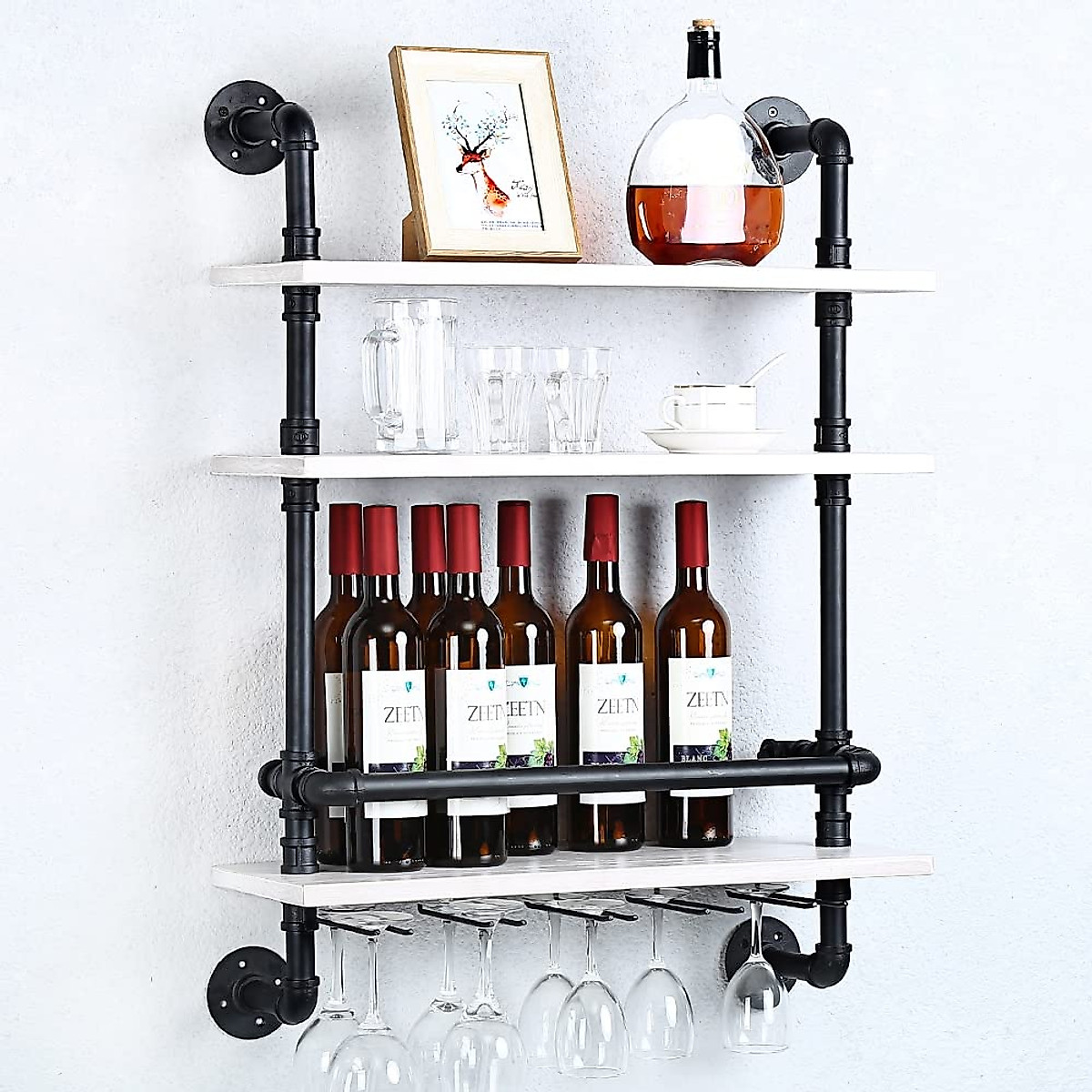 Industrial Pipe Shelf Wine Rack Wall Mounted with 5 Stem Glass Holder,3-Tiers Rustic Floating Bar Shelves Wine Shelf,24in Real Wood Shelves Wall Shelf Unit,Steam Punk Pipe Shelving Wine Glass Rack
