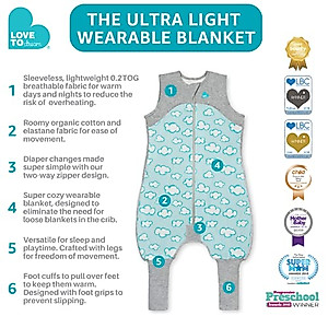 Love to Dream Lite Organic Baby Sleep Suit (12-24 Mo), Super Soft Temp Regulating Sleeping Suit, 0.2TOG Lightweight Wearable Blanket, Turquoise