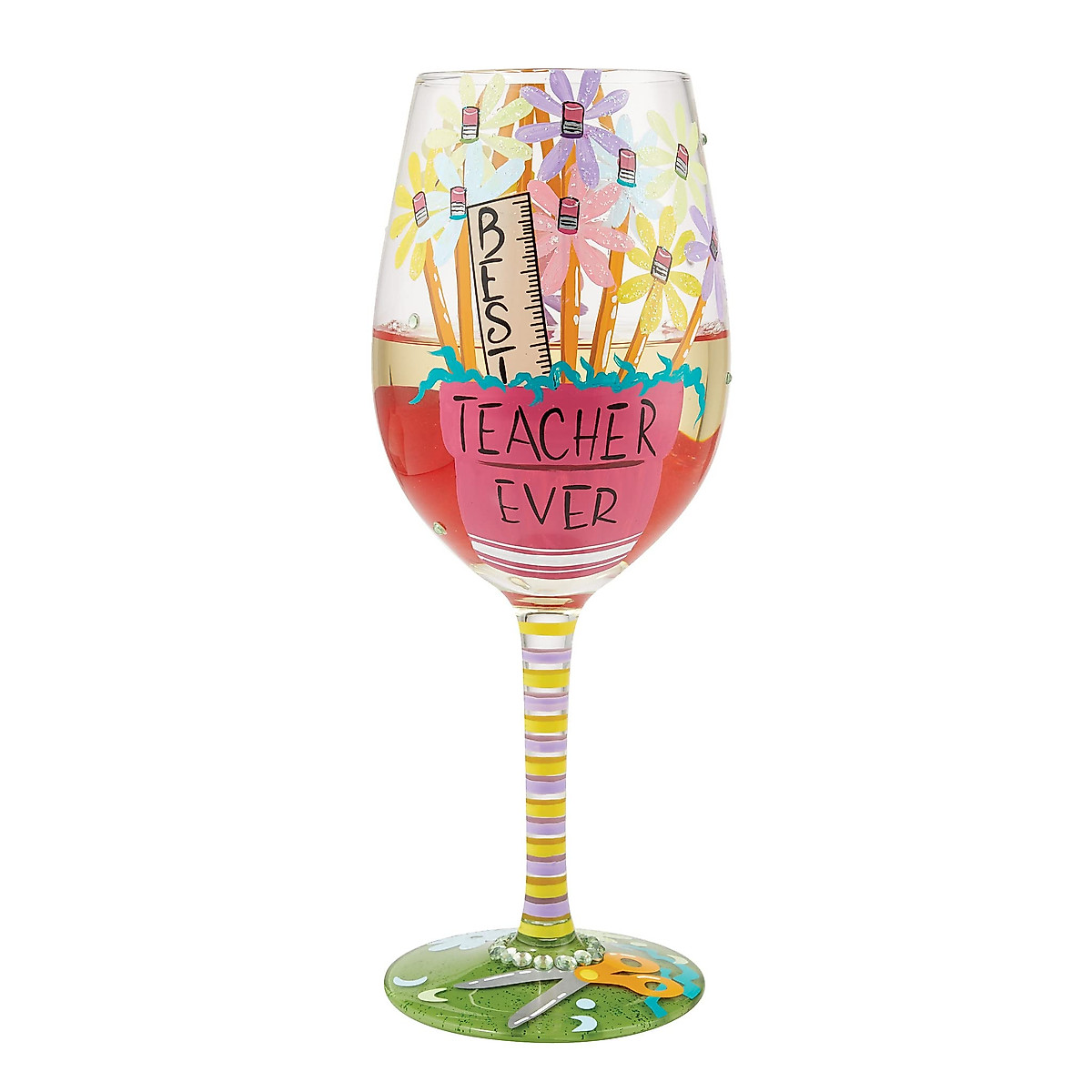Enesco Designs by Lolita Best Teacher Ever Hand-Painted Artisan Wine Glass, 15 Ounce, Multicolor