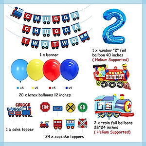 Chugga Chugga Two Two Party Decorations for 2 Years Old Boys, Railroad Train Crossing Theme Birthday Party Supplies - Chugga Chugga Two Two Banner, Cake Topper, Train Foil Balloons