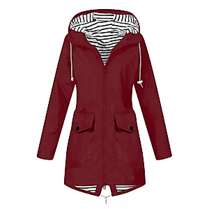 WKSCLPAI Long Sleeve Windbreaker Full Zip Up,Rain Jacket Women Waterproof with Hood,Rain Jacket Women,Waterproof Rain Jacket Drawstring Tops,Striped Lined Hooded Lightweight Raincoat