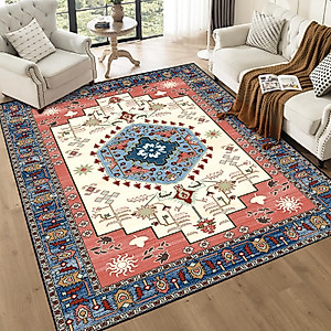 CHOSHOME Washable Rug 8x10 Vintage Boho Medallion Area Rugs with Non-Slip Backing Soft Stain Resistant Non-Shedding Low-Pile Floor Carpet Mat for Living Room Bedroom Kitchen Home Office,Red