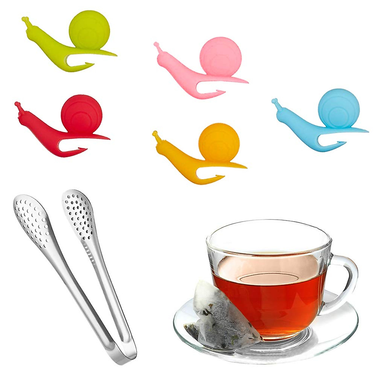 15 Pcs Snail Shape Silicone Tea Bag Holder with 2 Pcs Stainless Steel Tea Bag Squeezer Sugar Tongs, SourceTon Mug Candy Colors Tea Bag Holder Drink Marks & Tea Bag Tongs Strainer Grip