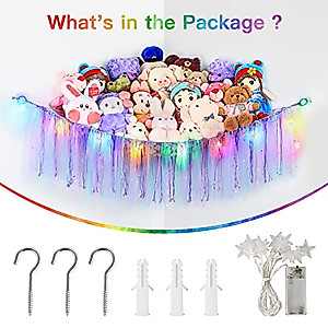 Stuffed Animal Net or Hammock with LED Light, Toy Hammock Hanging Stuffed Animal Storage Organizer Holder Room Décor with Tassels for Nursery Play Room Kids Bedroom (Purple)