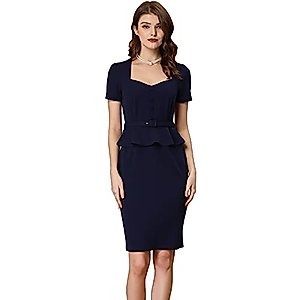 Allegra K Women's Peplum Sweetheart Neck Short Sleeve Wear to Work Office Sheath Dress Small Navy Blue