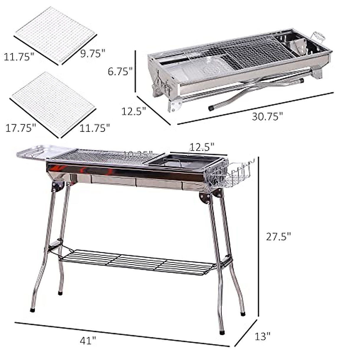 Outsunny Portable Folding Charcoal BBQ Grill Stainless Steel Camp Picnic Cooker with Grill Pan Storage Shelf Hooks