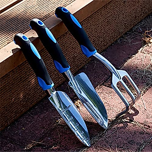 Sinoer Garden Tool Set, 3Piece Heavy Duty Cast-Aluminum Gardening Hand Tool Includes Hand Trowel, Transplant Trowel and Cultivator Hand Rake with Soft Rubberized Non-Slip Ergonomic Handle - Blue