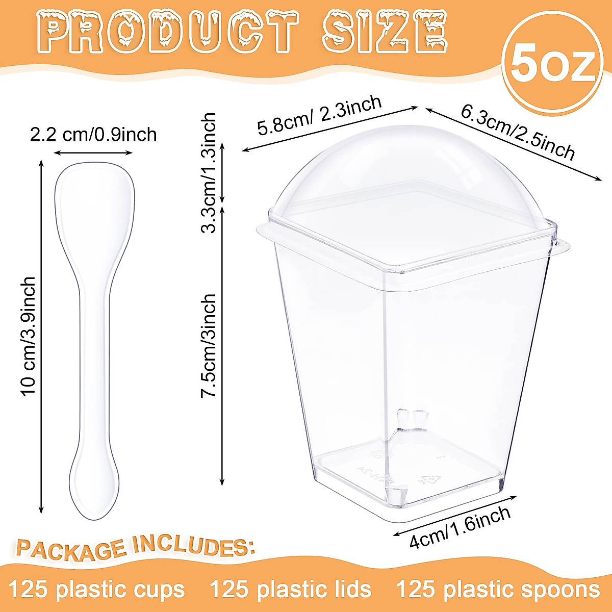CHENGU 5 oz Clear Plastic Dessert Cups with Lids and Tasting Spoons Disposable Square Dessert Cups Plastic Mini Dessert Tumbler Appetizer Cups for Party Weddings Desserts Appetizers Mousse(125 Sets)