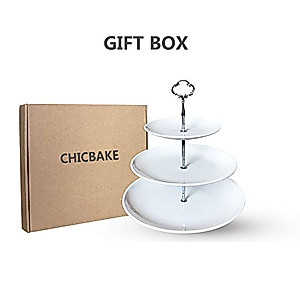 3 Tier Serving Tray,White Cupcake Stand,Cake Stand,Three Tiered Dessert Pastry Stand,Fruit Tea Party Stand(Melamine Material,Large Size.Silver Rod) with A Table Number Holder