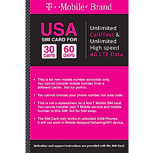 T-mobile Brand USA Prepaid Travel SIM Card Unlimited Call, Text and 4G LTE Data (for use in USA only) (for Phone use only. NOT for Modem/WiFi Devices) (30 Days)
