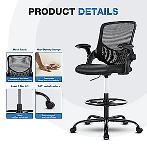 Drafting Chair - Tall Office Chair for Standing Desk Mesh Chair with Mid-Back and Height Adjustable Swivel Chair with Lumbar Support and Flip-up Armrests for Adults