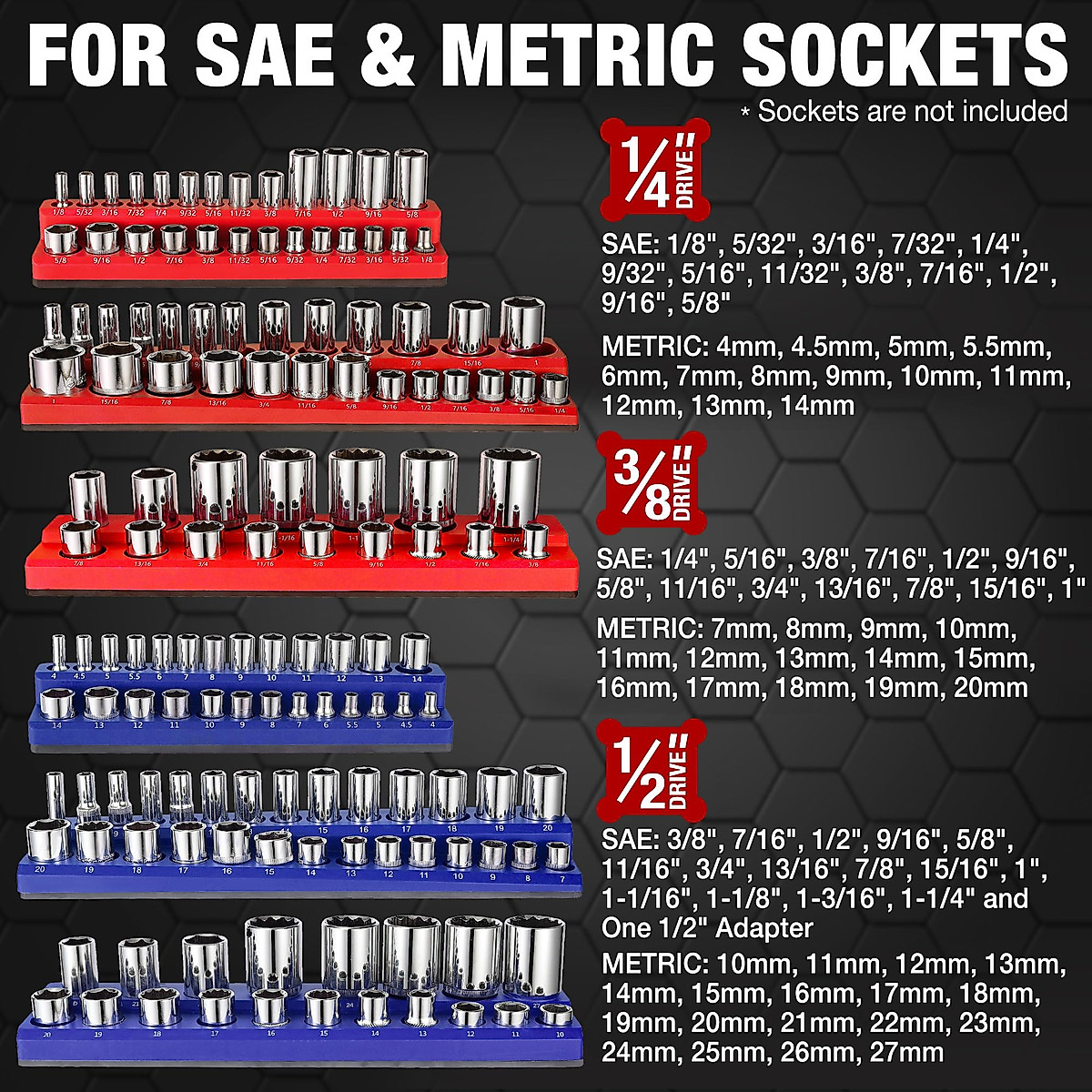ALOANES 141-Slot Magnetic Socket Organizer, 6PC Socket Holder Kit, 1/2-inch, 3/8-inch, 1/4-inch Drive Socket Tray Holders,for Standard and Deep Metric SAE Sockets, Heavy Duty Organizer(Red&Blue)