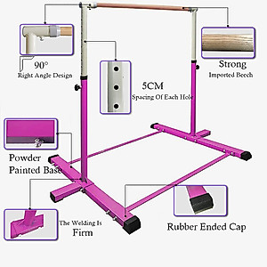 SL Power Gymnastic Kip Bar,Horizontal Bar for Kids Girls Junior,3' to 5' Adjustable Height,Home Gym Equipment,Ideal for Indoor and Home Training,1-4 Levels,300lbs Weight Capacity (Pink)