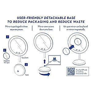 Conair Lighted Makeup Mirror with 10X Spot Magnification, LED Vanity Mirror, Handheld Mirror, 1X/10x Magnifying Mirror, Rechargeable in Satin Nickel