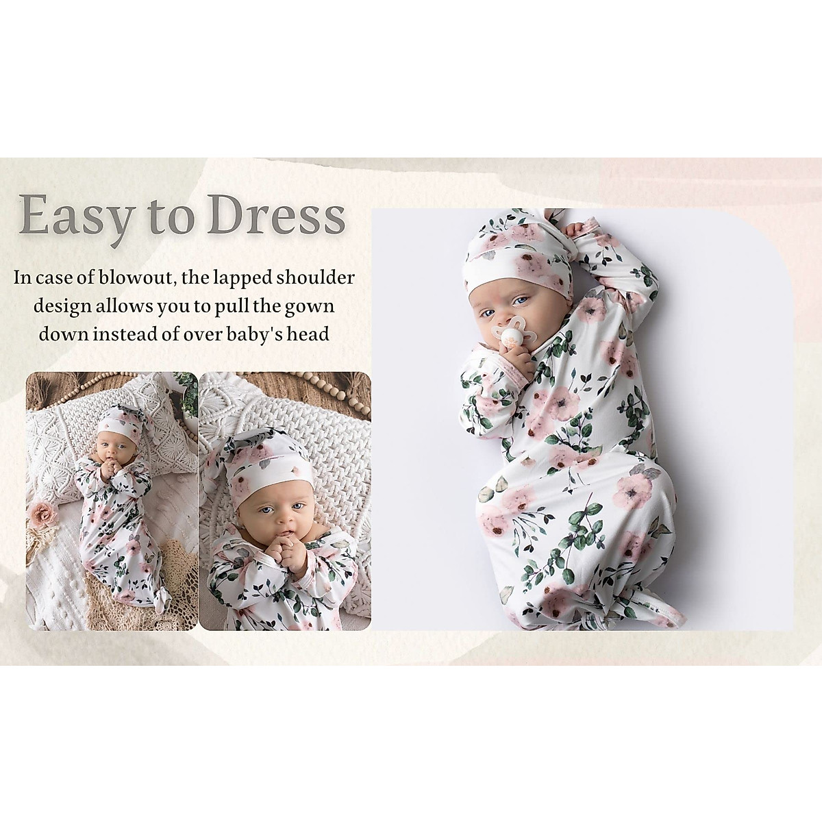 Giggle Angel Newborn Baby Sleeper Gown Knotted Gown Baby Girl Coming Home Outfits 2-Piece Gown and Hat Set 0-3 Months (pinkleaf)