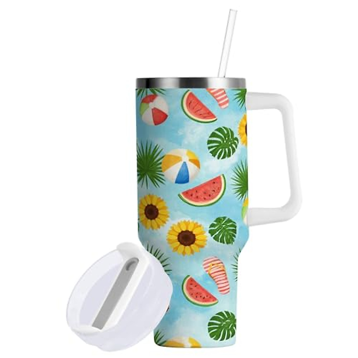 Burbuja Summer Pattern 40oz Insulated Tumblers with Handle and Straw Lid, Double Wall Stainless Steel Travel Mug Leak-Proof, BPA Free, Gift for Mom Dad