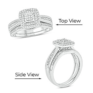 Cali Trove 1/5cttw Diamond Wedding Ring Set for Women in 925 Sterling Silver (Size-9) | Square Double Halo Diamond Engagement Ring for Women with Matching Half Eternity Diamond Wedding Band (White)