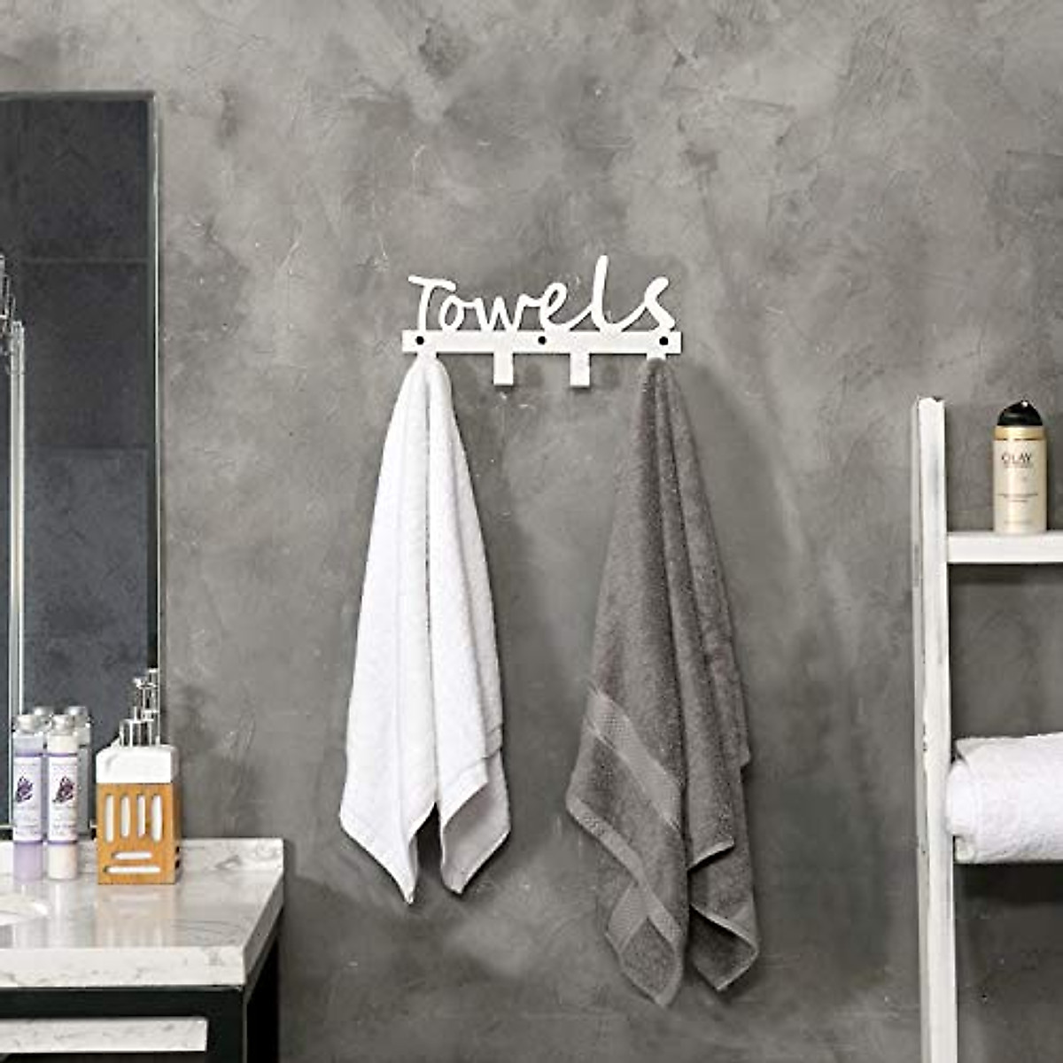 MyGift Wall Mounted White Metal Hand and Bath Towel Rack Holder with 4 Hooks and Towels Cut Out Design