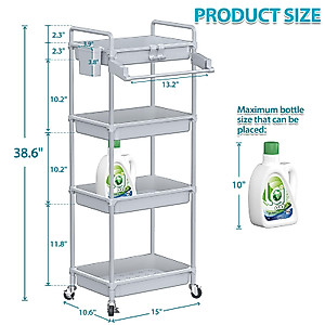 SPACEKEEPER Rolling Storage Cart, 4-Tier Bathroom Organizer Utility Cart Laundry Room Organization Mobile Shelving Unit with Towel Rack, Lockable Wheel, Hooks & Cup for Kitchen Bedroom Office, Grey