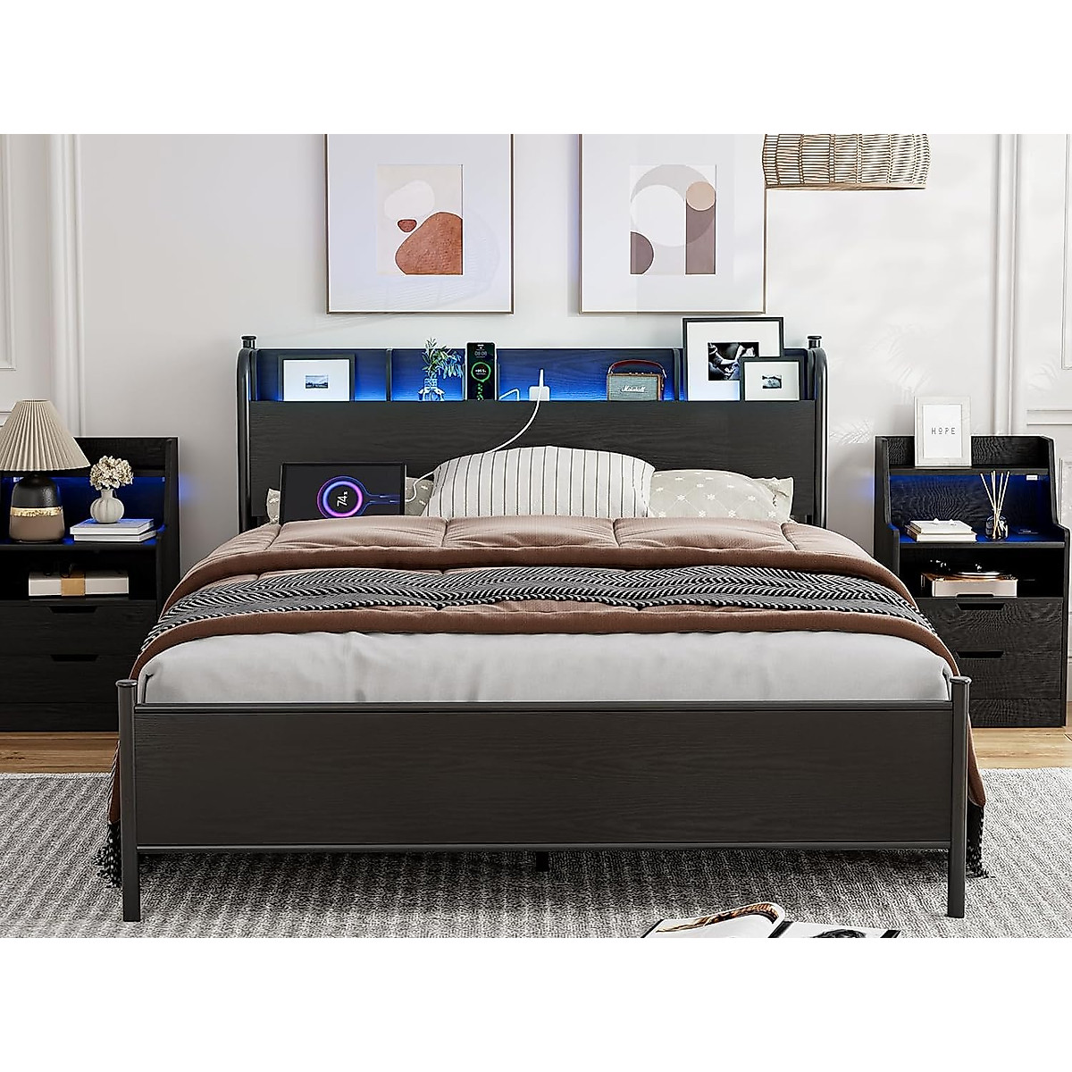 AOVSA Queen Bed Frame with LED Lights and Charging Station, Queen Platform Bed with Storage Shelf Headboard, Strong Metal Slats Support, No Box Spring Needed, Noise Free, Easy Assembly - Black