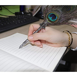 Vintage Antique Feather Pen Stem Metal Writing Quill Pen Set Calligraphy Pen Metal Carving Appearance,with 5 PCS Nibs (Blue Peacock)