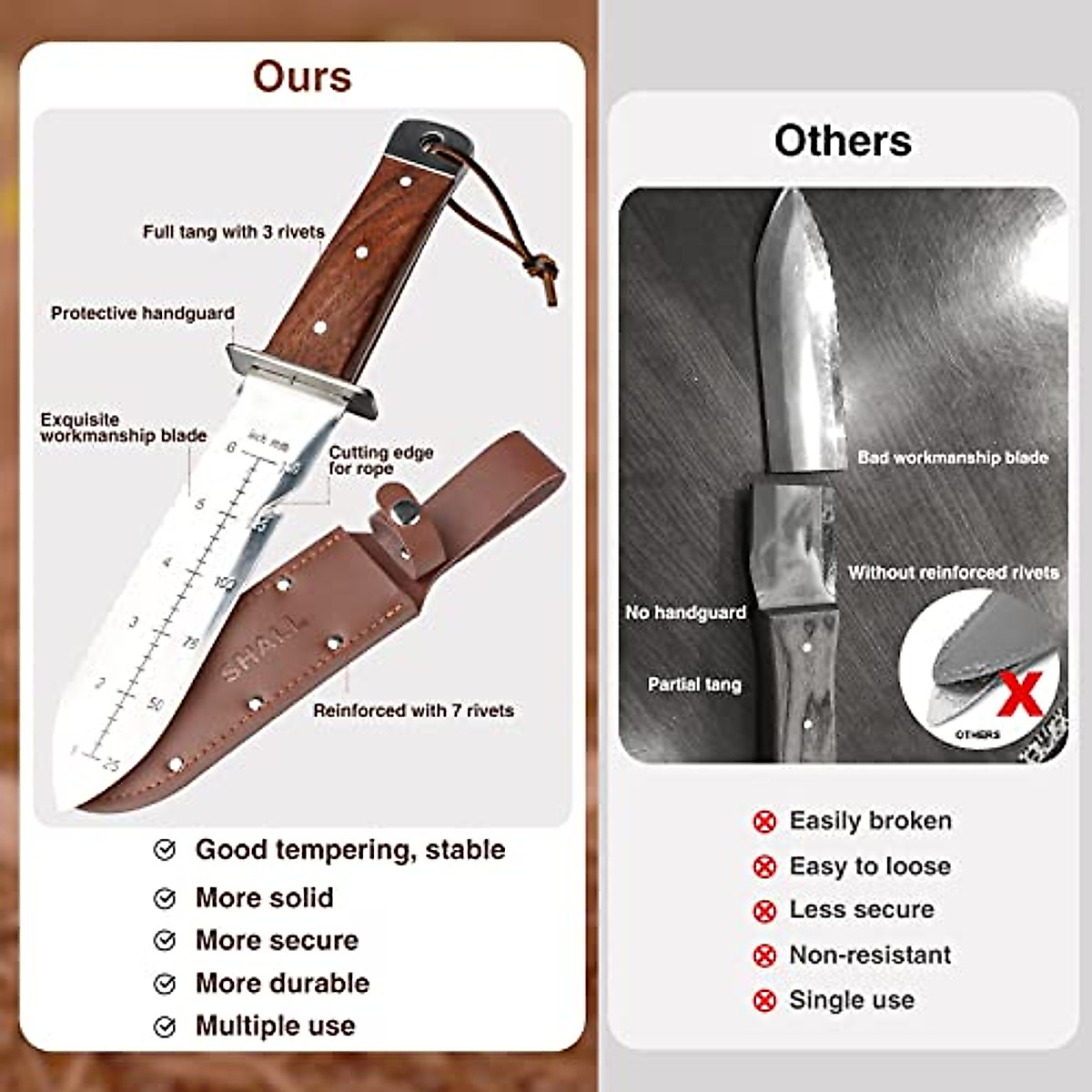 SHALL Hori Hori Garden Knife, Rosewood Handle Gardening Tool with Leather Sheath & Hide Rope, 7” Stainless Steel Blade with Cutting Edge for Rope, Full-Tang, for Digging, Weeding, Planting