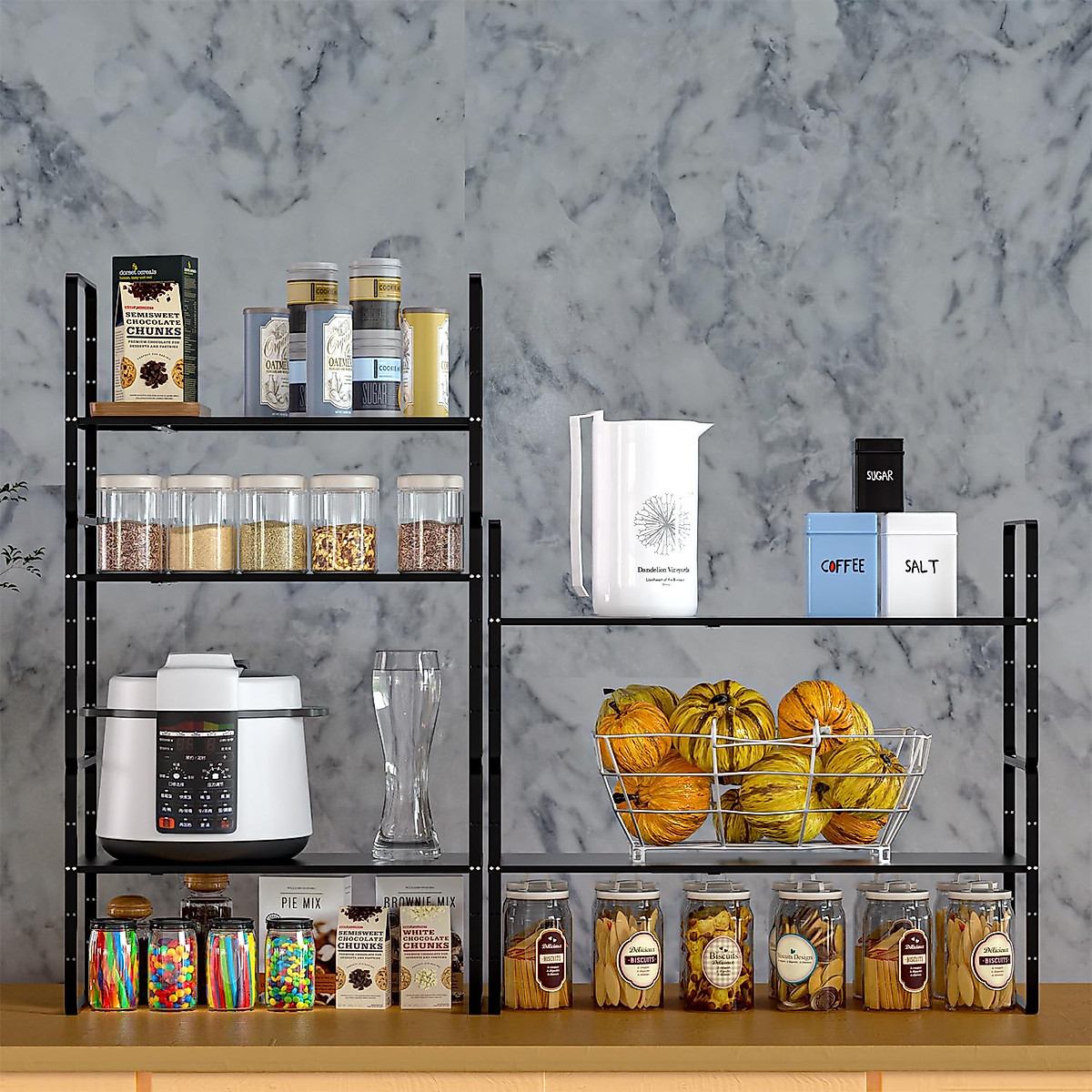 GEDLIRE Expandable Kitchen Cabinet Shelf Organizers 2 Pack, Stackable Metal Pantry Storage Shelves Rack, Adjustable Counter Shelf for Cabinets, Countertop, Cupboard Organizers and Storage, Black