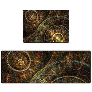 Kitchen Rugs and Mats Set of 2 Pieces Anti Fatigue Standing Mat Golden Mechanical Compass Steampunk Non Slip Washable Comfort Flooring Carpet Runner for Kitchen Home