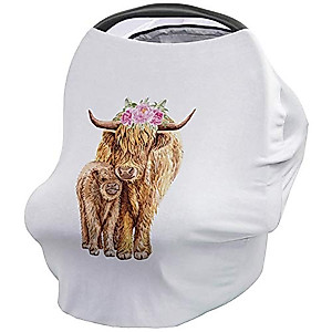 Lovely Highland Cow with Baby Baby Nursing Cover for Breastfeeding, Mother's Day Breathable Stretchy Nursing Scarf Carseat Canopy for Boys or Girls Stroller Car Seat Covers Animal and Flowers