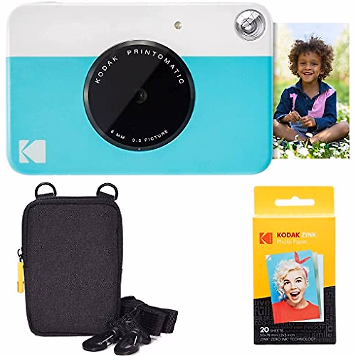 Kodak Printomatic Instant Camera (Blue) Basic Bundle + Zink Paper (20 Sheets) + Deluxe Case