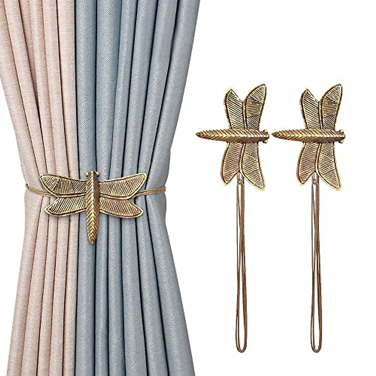 Vineland Retro Brown Dragonfly Magnetic Curtain Tie Back, 2 Pack Decorative Resin Animal Boho Holder for Curtains Drape, Rustic Home Decoration