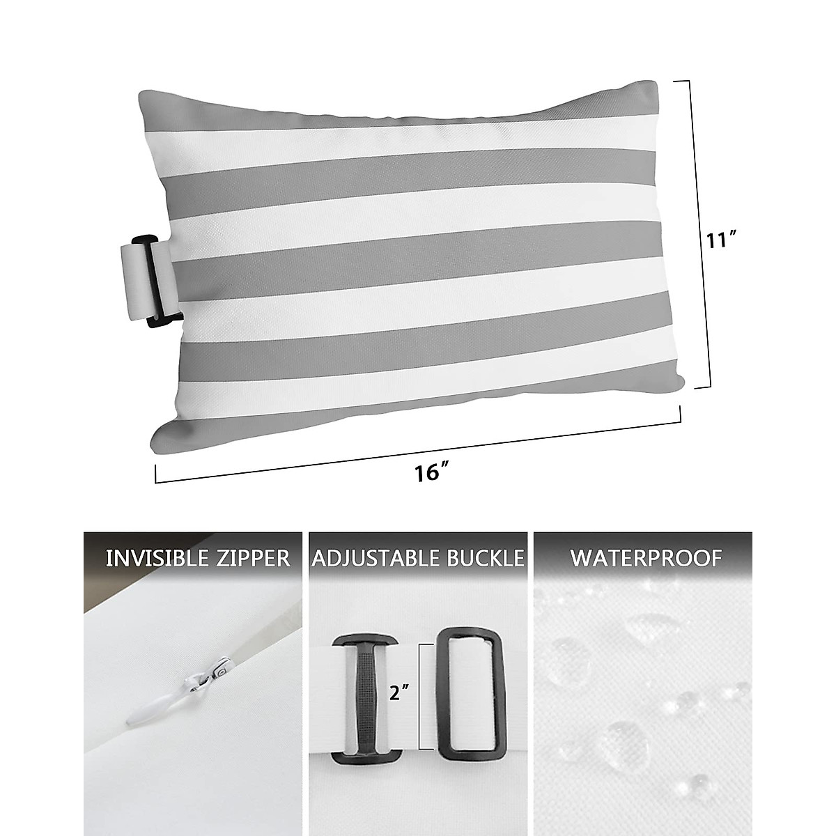 T&H XHome Outdoor Pillow for Chaise Lounge Chair, Gray and White Stripe Waterproof Headrest Pillow Lumbar Pillows with Adjustable Elastic Strap for Beach, Poolside, Patio, Office (2 Pack)