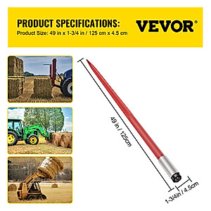 Mophorn Hay Spear 49" Bale Spear 4500 lbs Capacity, Bale Spike Quick Attach Square Hay Bale Spears 1 3/4" wide, Red Coated Bale Forks, Bale Hay Spike with Hex Nut & Sleeve for Buckets Tractors Loaders