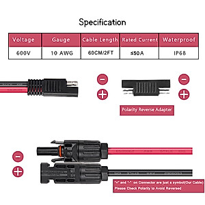 Vemote Solar Panel to SAE Adapter Cable 10AWG, SAE to Solar Connector Adapter Cable, 50Amps for Solar Panels RV Caravan Battery Charger Kit,with SAE Polarity Reverse Adapter (60Cm/2FT)