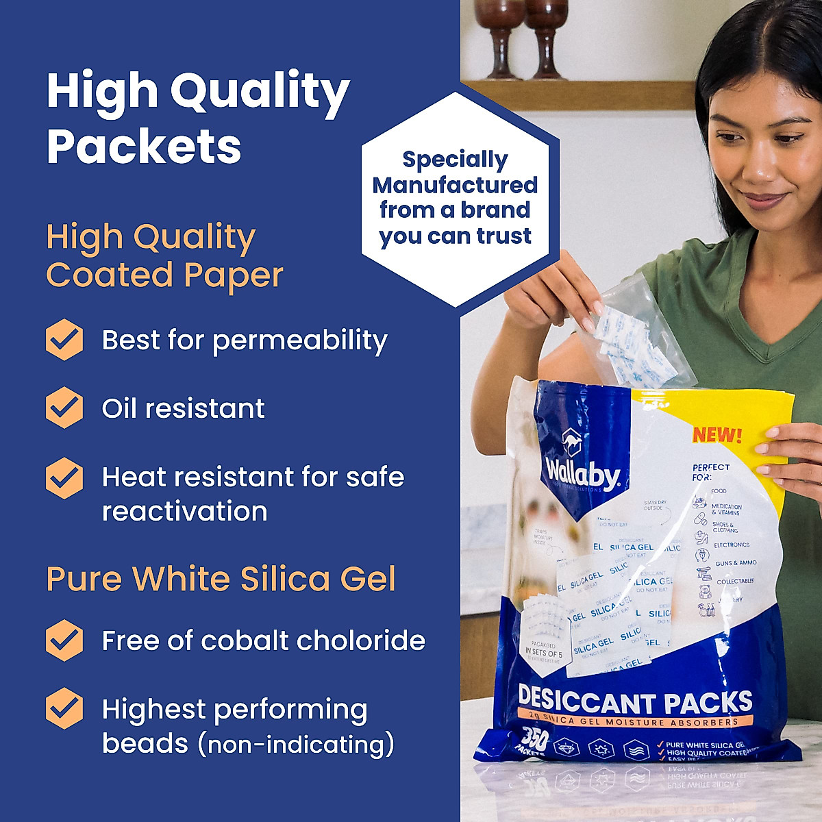 Wallaby 2 gram (100 Packets) Food Safe Pure White Silica Gel Desiccant Dehumidifier Packs - Rechargeable & Coated Moisture Absorbers - Protects Against Moisture Damage - (Packed in 20x Sets of 5)