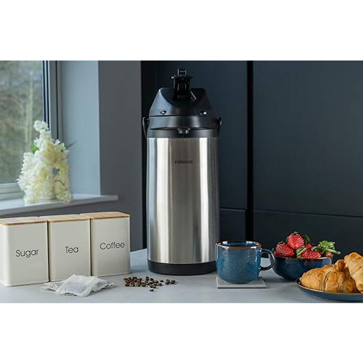 Pioneer Flasks Stainless Steel Airpot Hot Cold Water Tea Coffee Dispenser Conference Event Flask, 5 litres, SS50HC, Silver