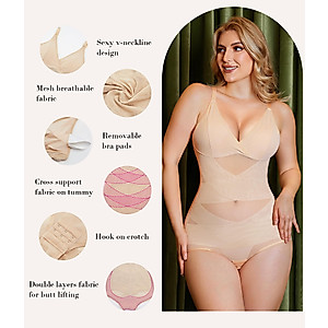 Nebility Women V Neck Shapewear Tummy Control Bodysuit Tank Top Full Body Shaper One Piece Cami Leotard (Large, Beige Normal Size)