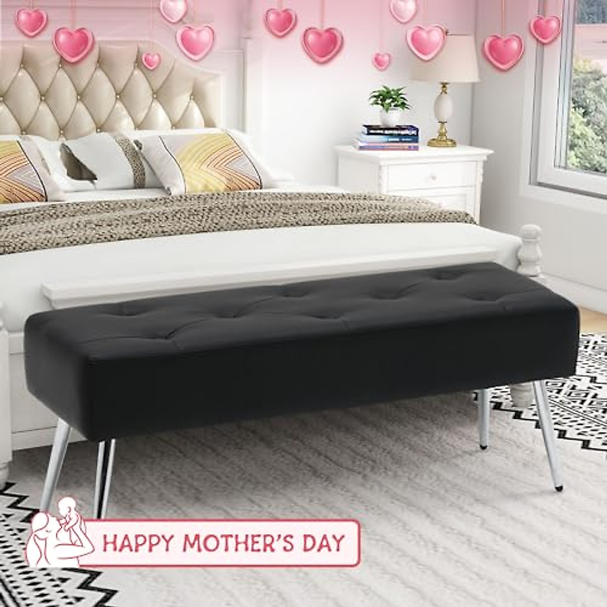 Furnimart Faux Leather Bench Ottoman, Tufted Button Bedroom Benches Footrest in Solid Metal Legs, Long and Dining Bench, Indoor Bench for Entryway Living Room Bedroom (Leather-Black)