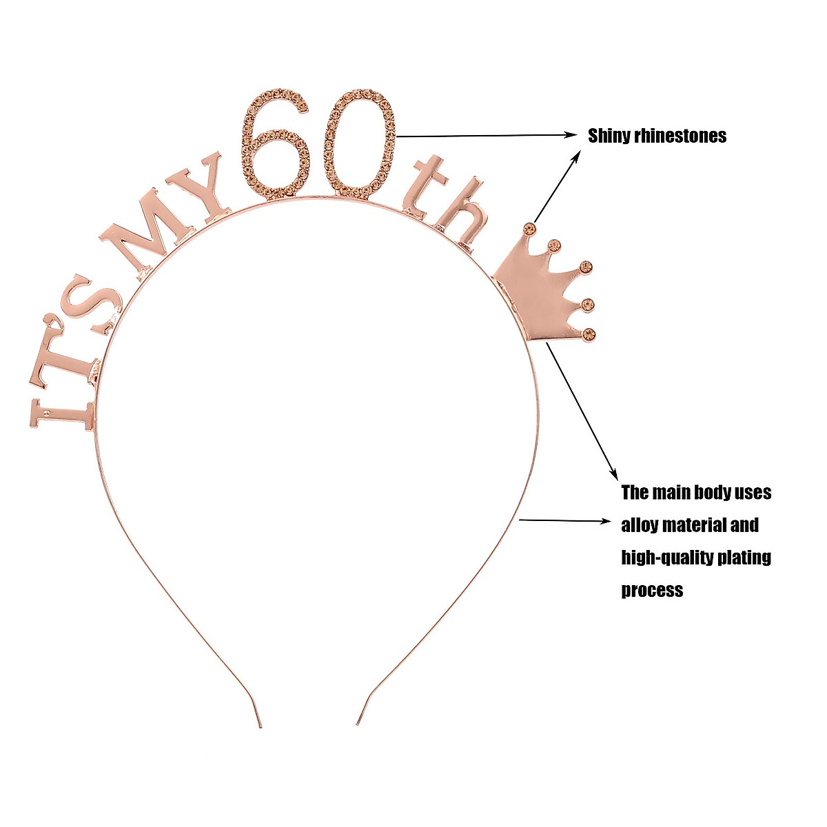 60th Birthday Headband and Sash,It's My Birthday Crystal Crown and Satin Sash for Women Birthday Party Supplies Decoration Rhinestone Birthday Crown and Glitter Sash (Rose Gold)