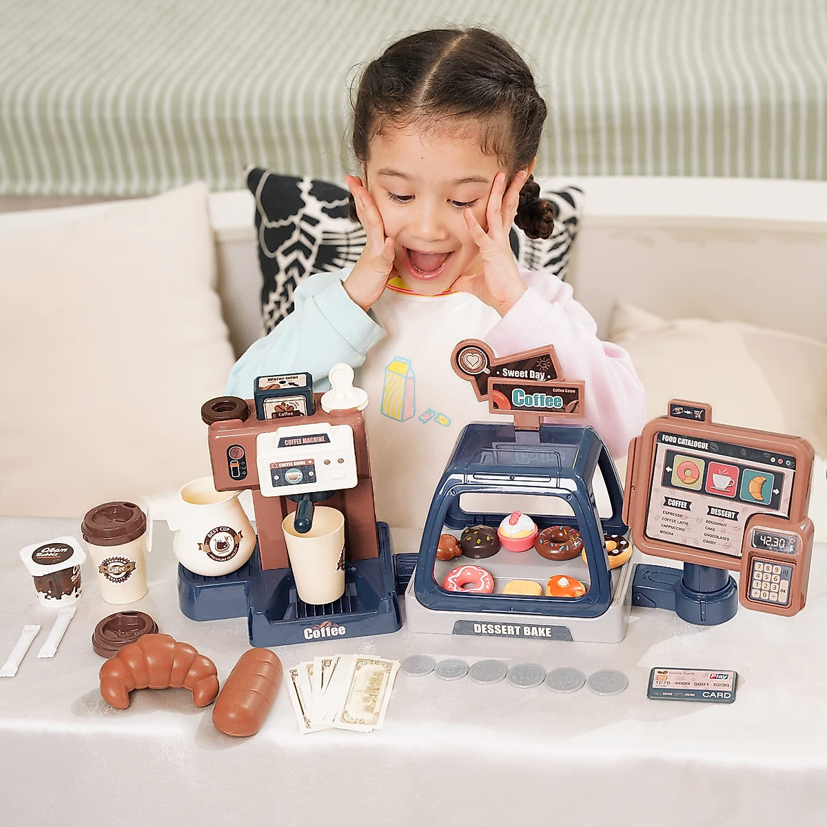 Toy Coffee Maker Machine and Cash Register Kit with Sound Light, GAGAKU Kids Kitchen Pretend Play Sets Kitchen Appliances Toy for Boys Girls